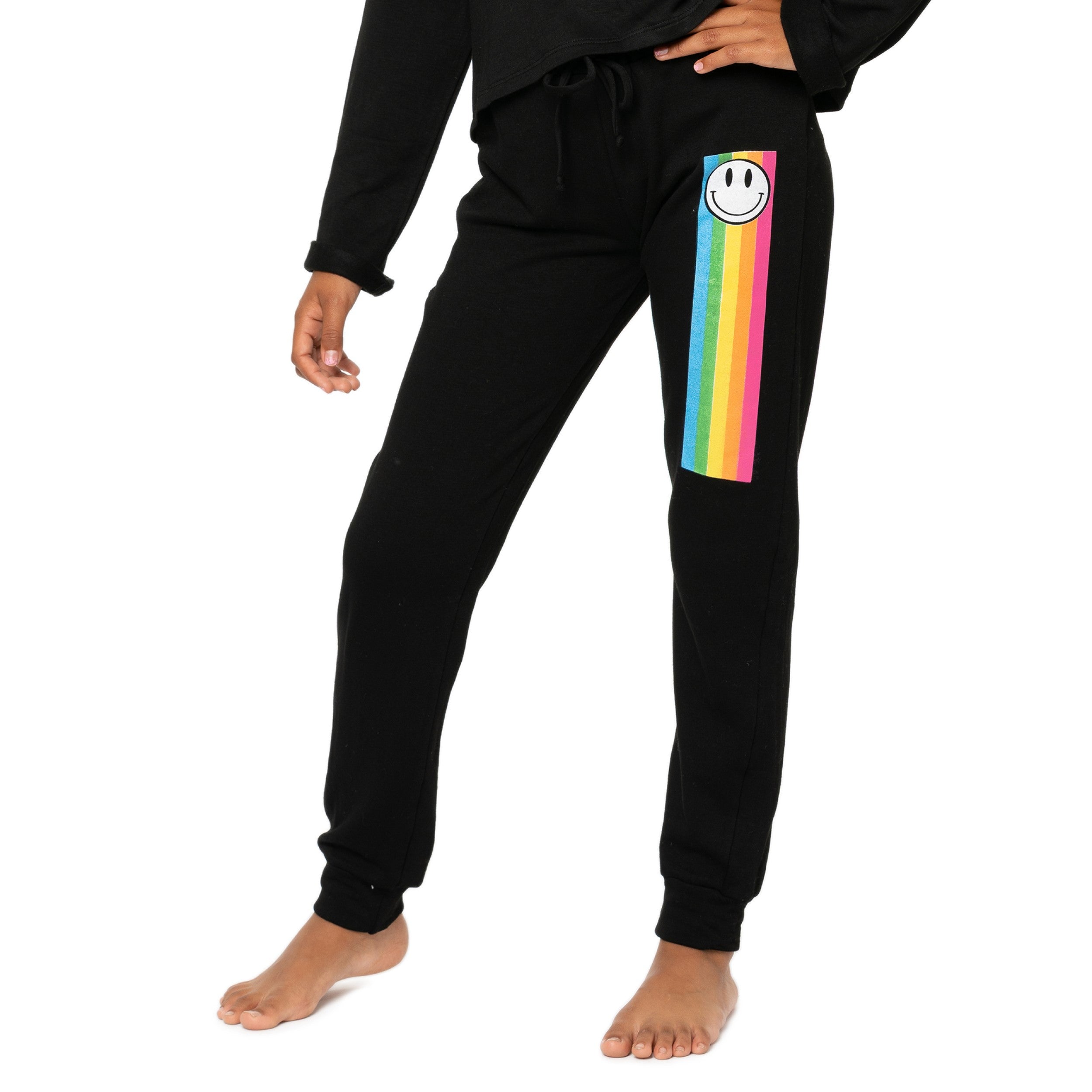 Girl's (8-14) Butter Fleece Sweatpants with Rainbow Stripe & Happy Fac ...